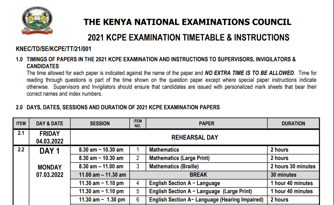 KCPE 2021 Exam Timetable And Instructions To Candidates And Teachers