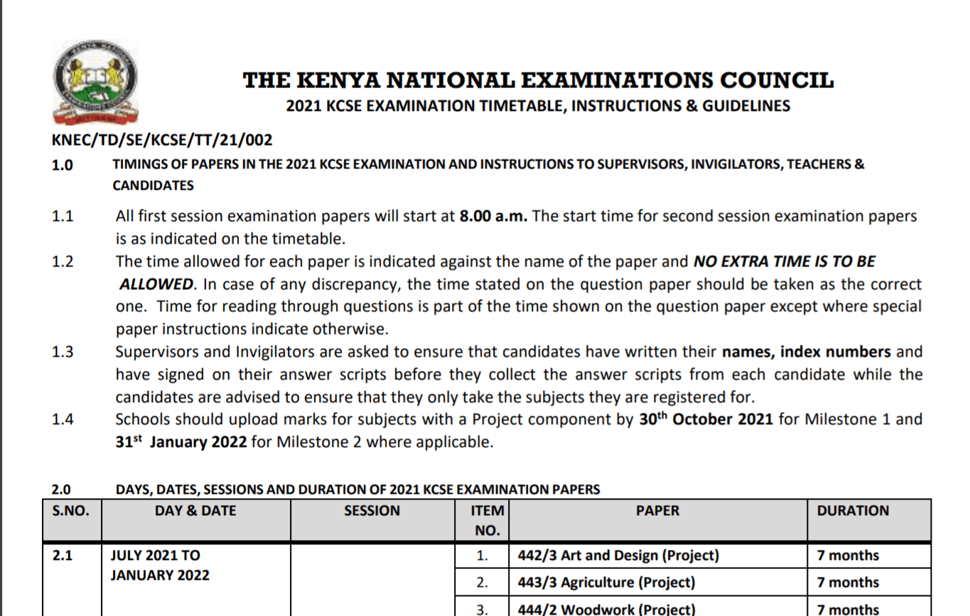 KCSE 2021 Official Timetable And Instructions