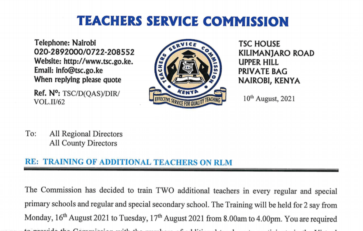 Teachers To Attend 2 Day RLM Training From 16th August (Circular)