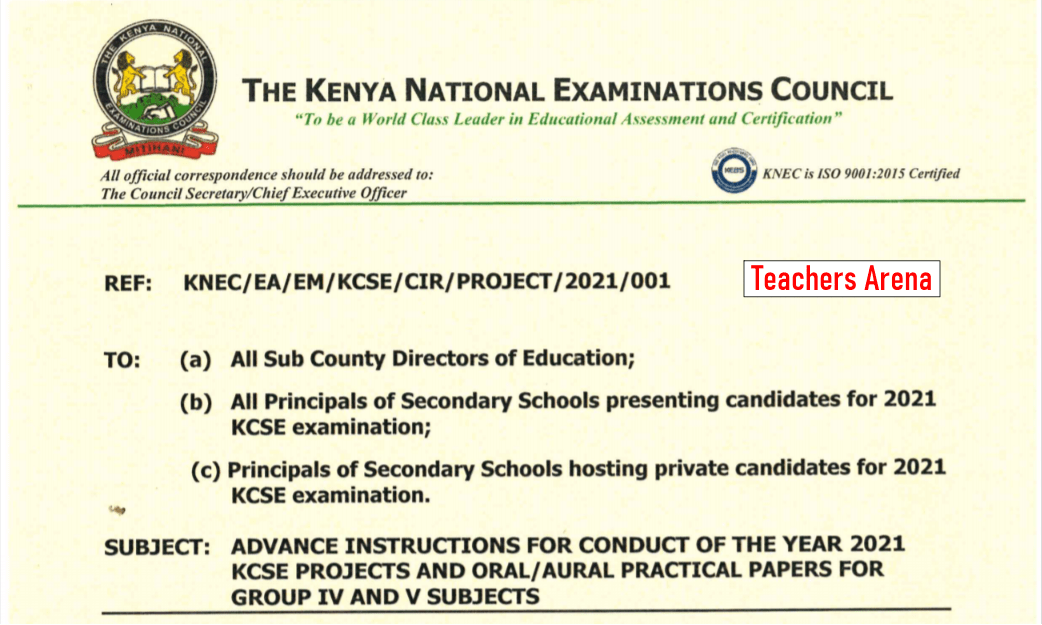 Knec Instructions For Conduct Of 2021 KCSE Projects And Practicals