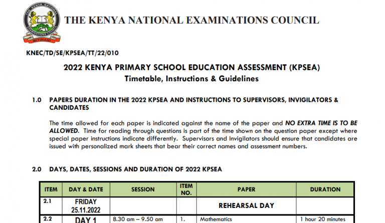 Knec Grade 6 KPSEA 2022 National Exam Timetable And Instructions
