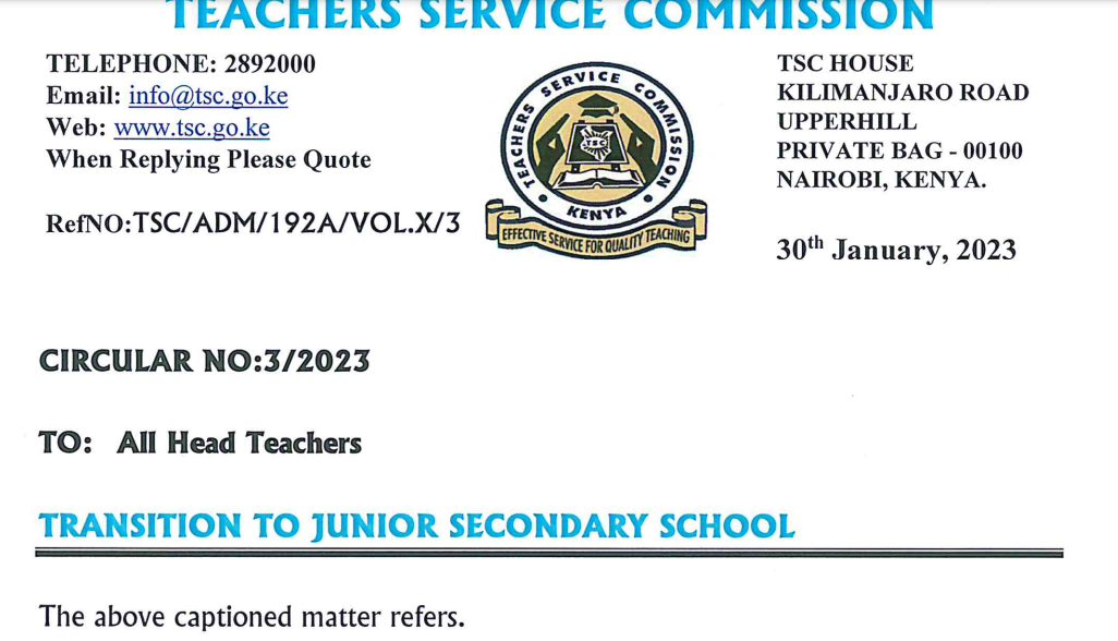 TSC Circular Addressed To Junior Secondary Schools