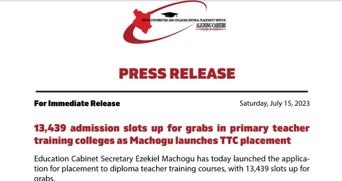 KUCCPS Advertises 11,359 Slots For DPTE 2,081 For DECTE In TTCs