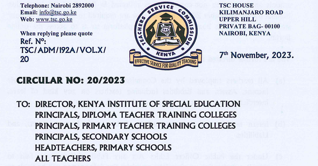 TSC Latest Circular To All Teachers Dated 7th November 2023