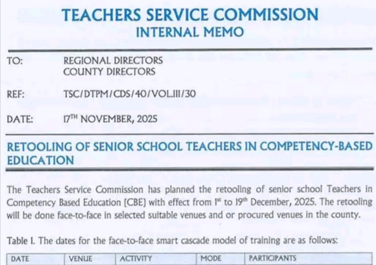 TSC Circular: Retooling Of Senior School Teachers In CBE In December
