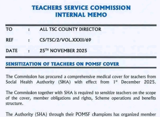 TSC Circular: 2 Week Training Of Teachers On SHA Medical Cover