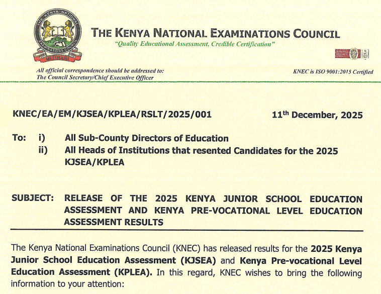 Knec Circular: Issuance Of KJSEA Results And Result Slips