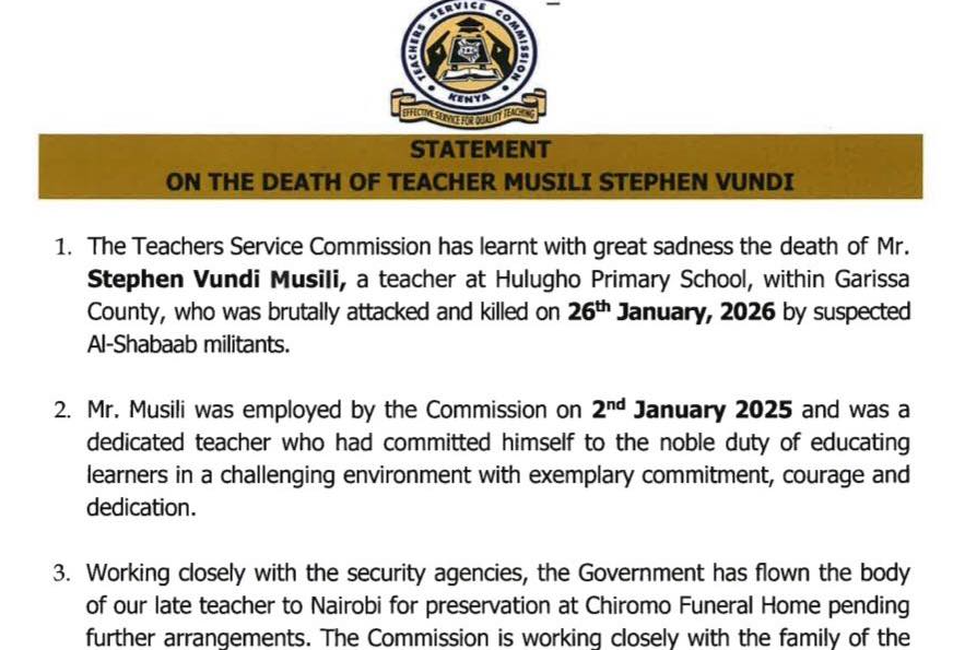 TSC Press Statement Following Death Of Teacher By Al-Shabaab Suspect