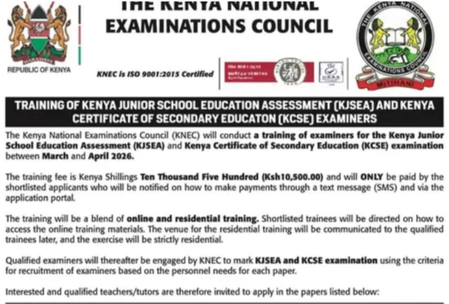 Knec Advert April 2026 Training Of KJSEA And KCSE Examiners