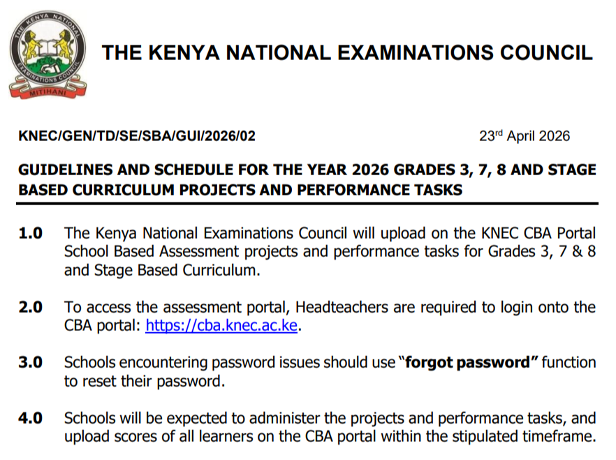 Knec Circular: Administration Of Grades 3, 7 And 8 Projects By 31st July